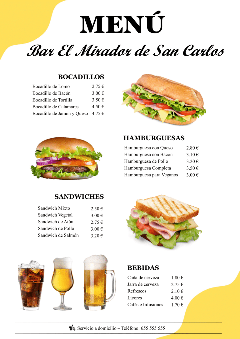 Carta de Bocadillos para Bar: Descarga Plantilla GRATIS