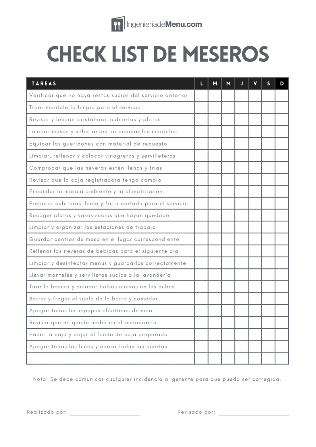 Checklist de Meseros: Ejemplos y Plantilla Gratis