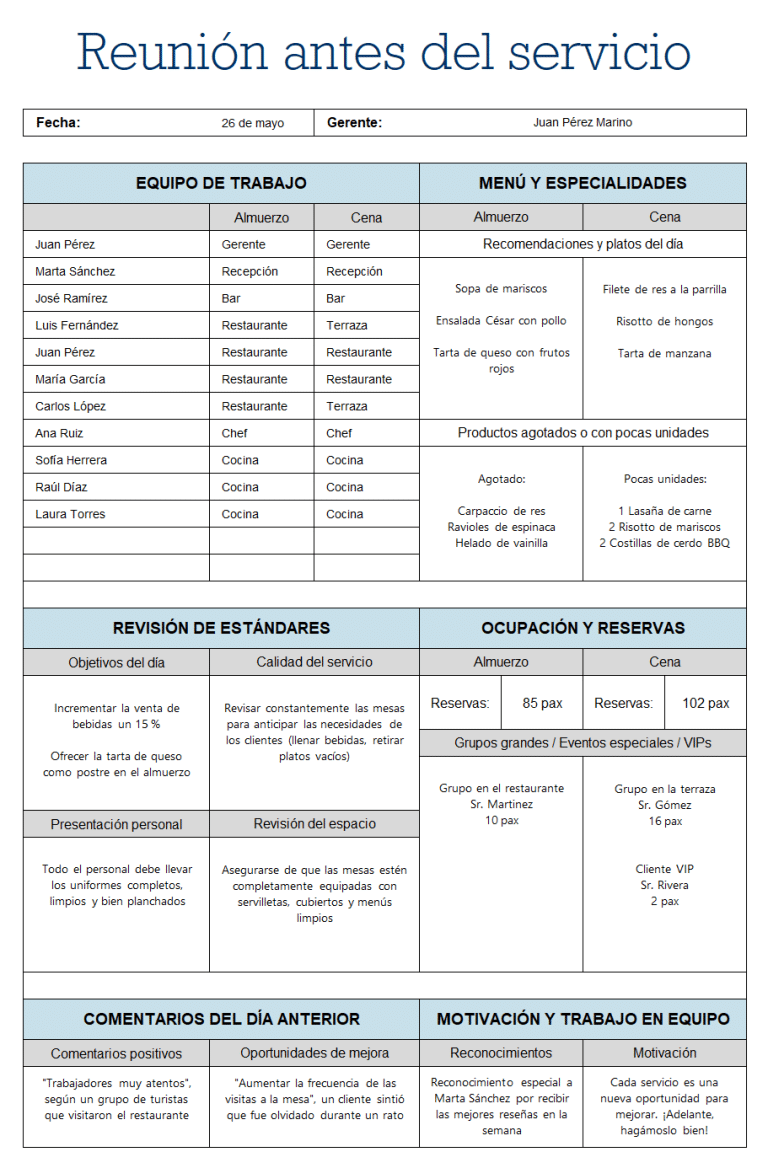 Plantilla de Briefing para Restaurante en Excel
